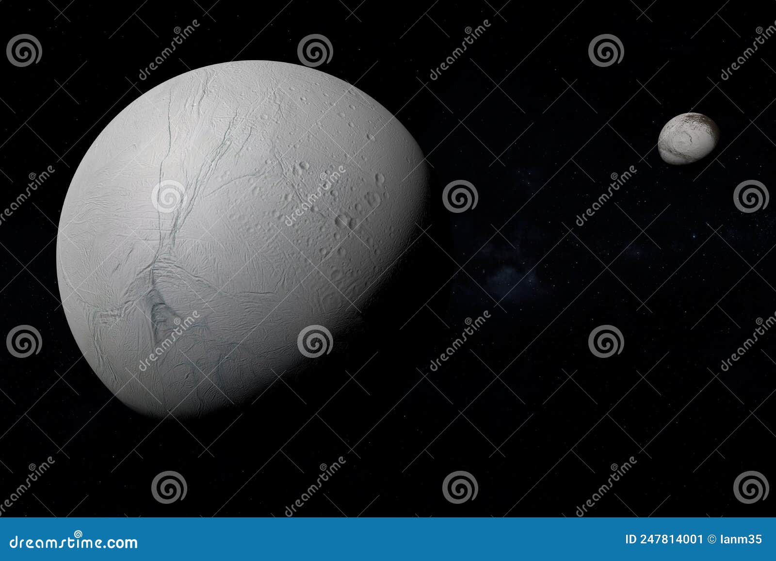 Enceladus and Iapetus Moons Orbiting in the Outer Space. 3d Render ...