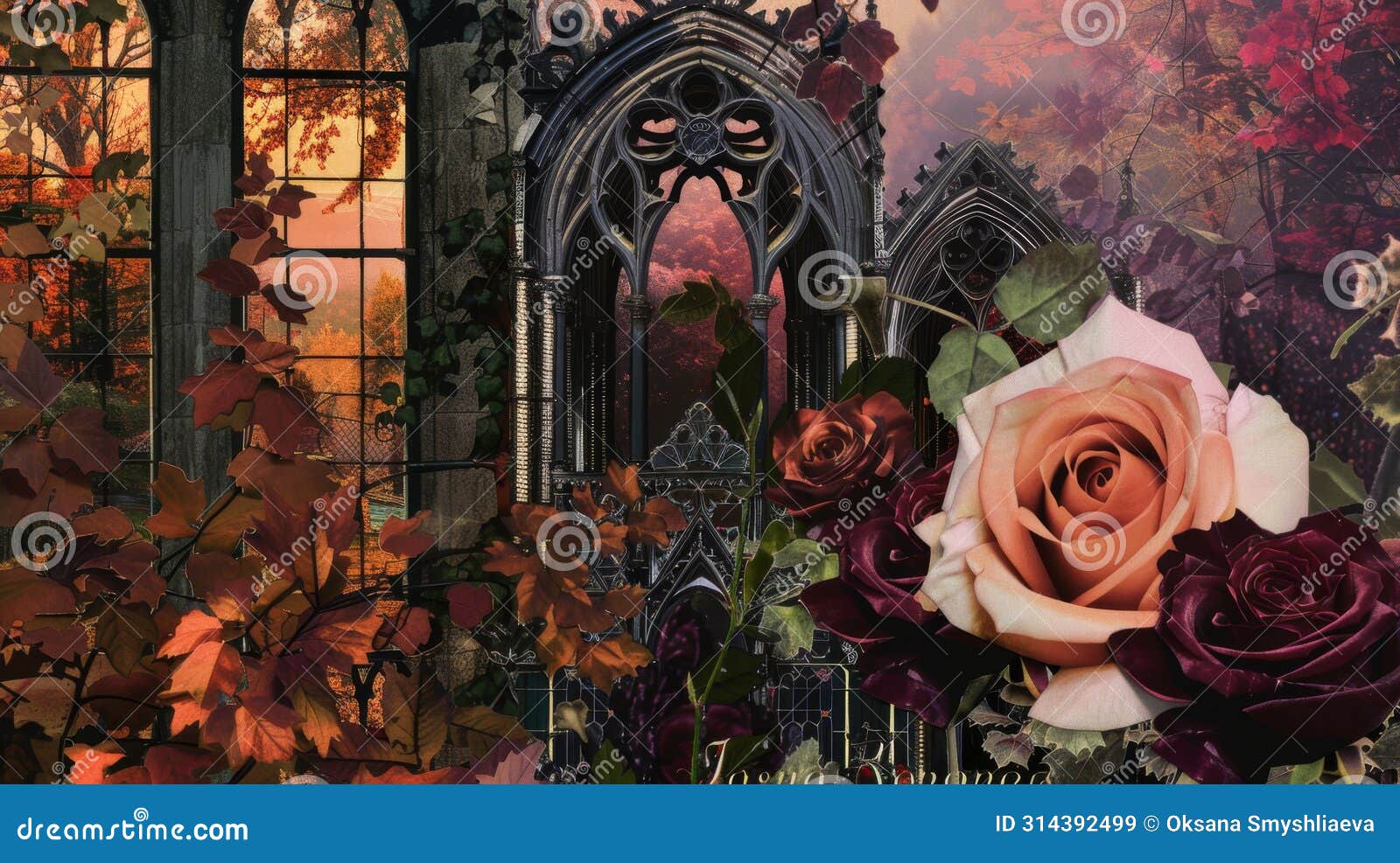 Enchanted Autumn Twilight Scene with Gothic Windows and Colorful ...