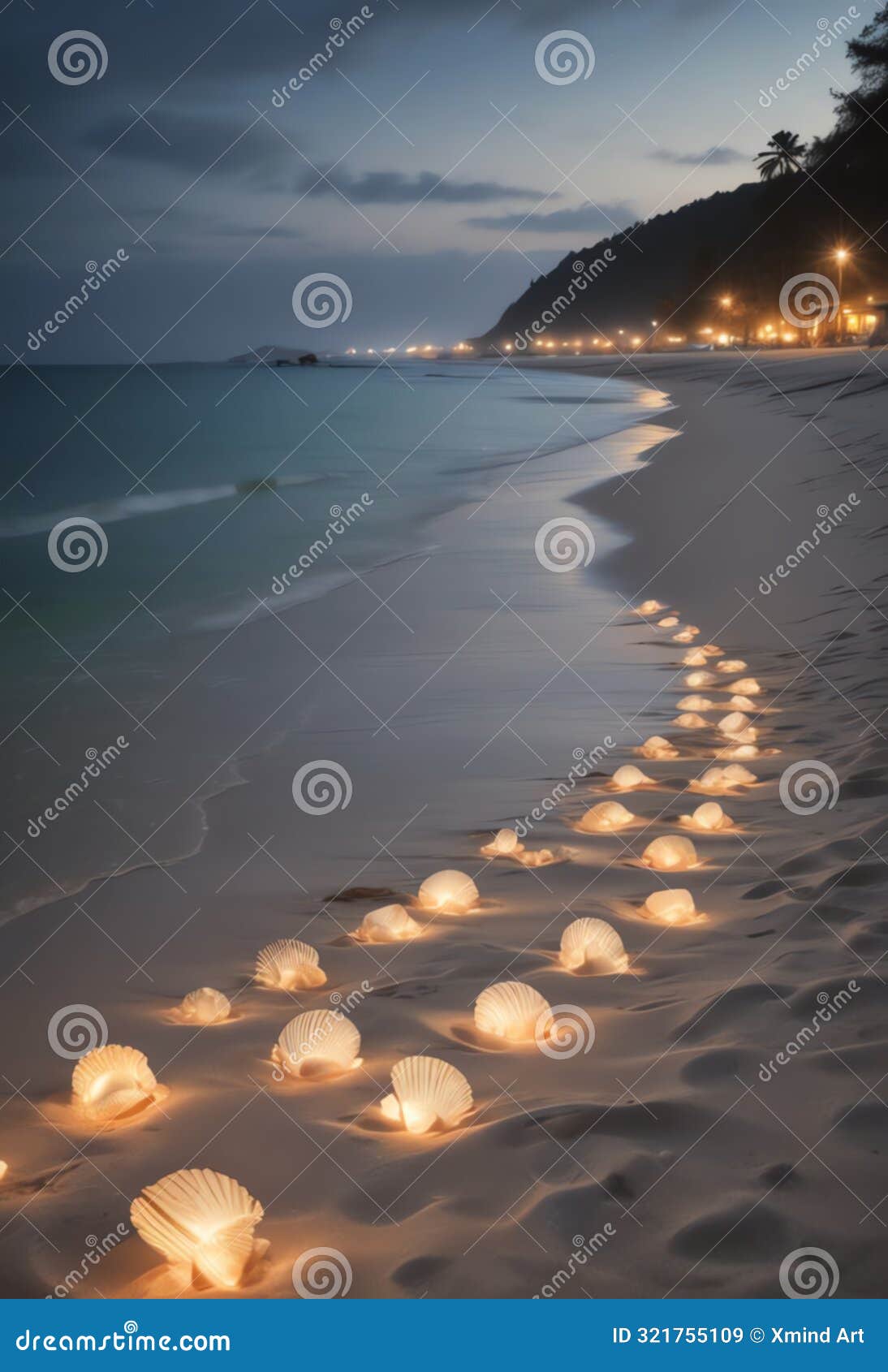 Enchanted Beach with Glowing Shells at Sunset Stock Illustration ...