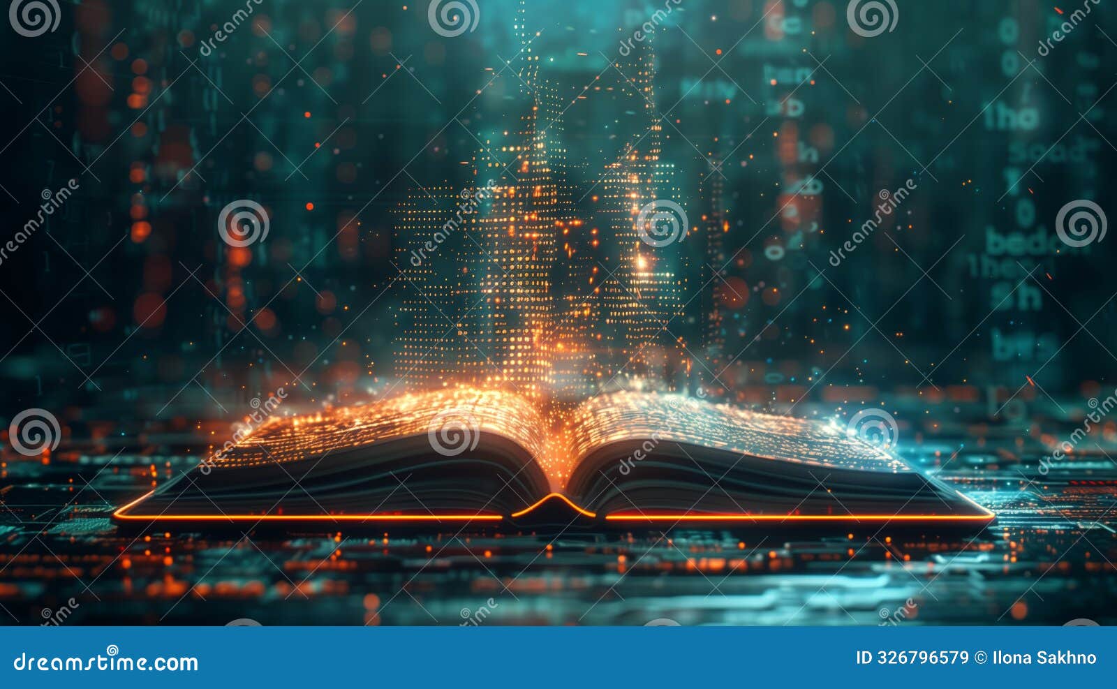 Enchanted Book with Digital Glowing Particles Stock Illustration ...