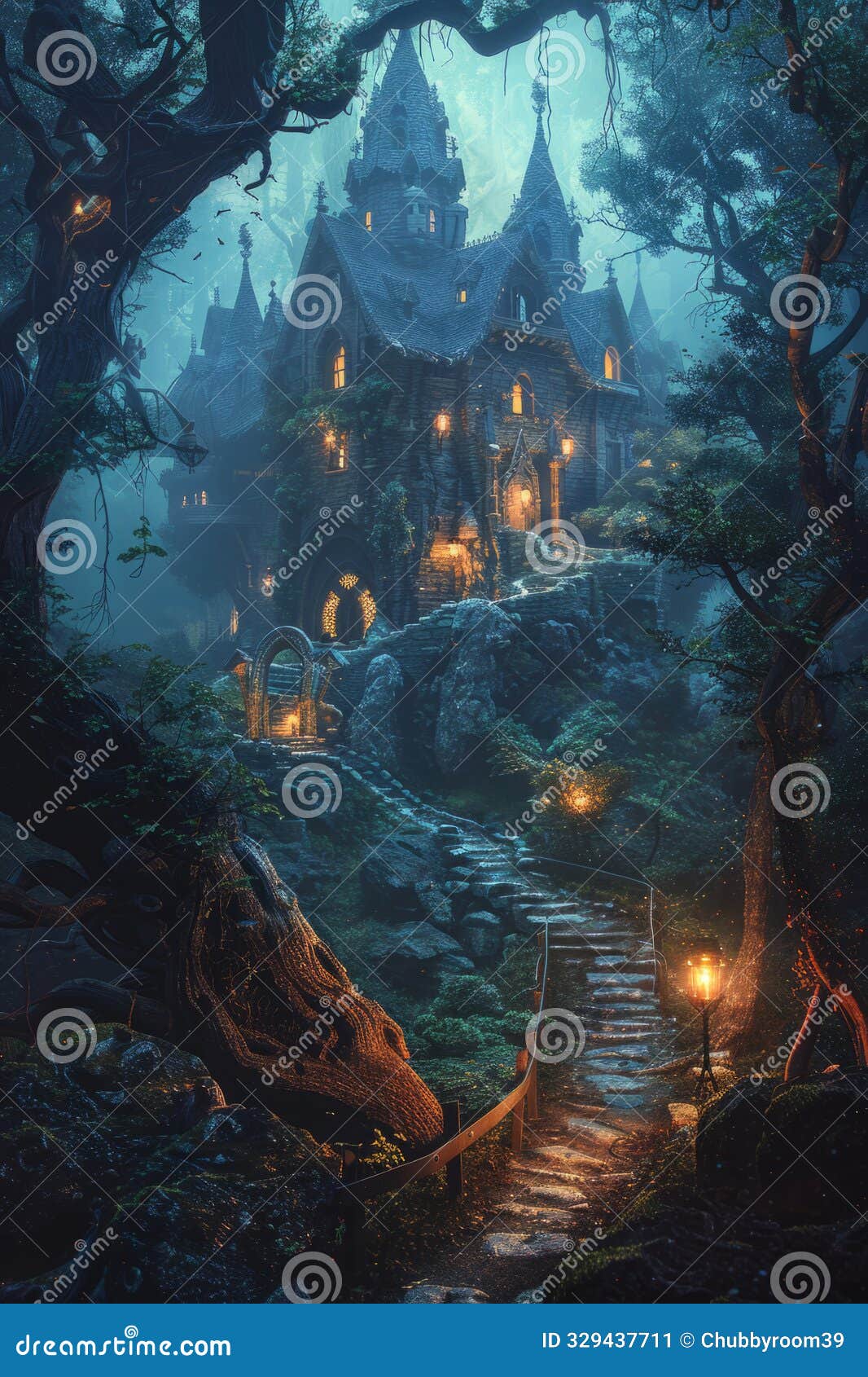 Enchanted Castle in Dark Forest with Ancient Trees Stock Illustration ...