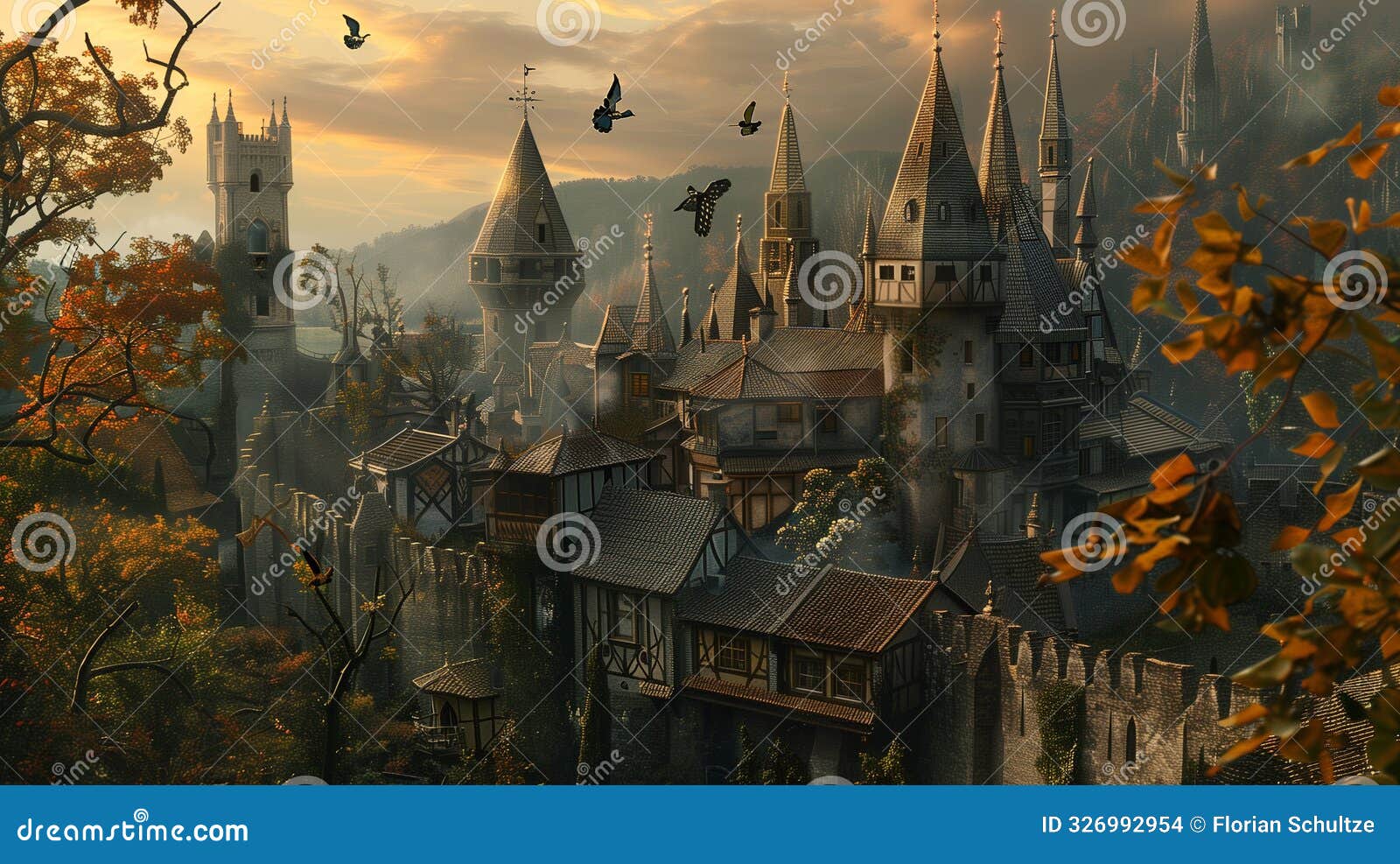 Enchanted Castle with Flying Buttresses and Turrets Stock Illustration ...