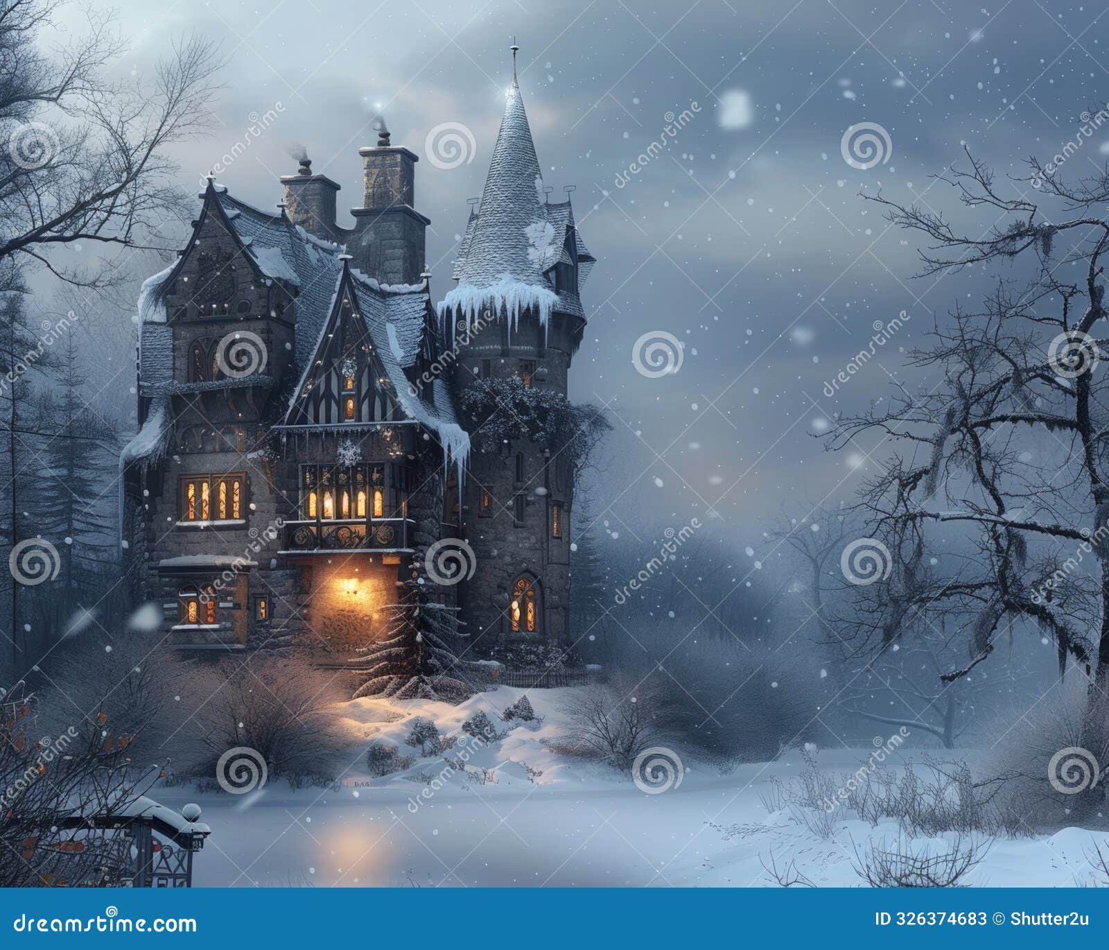 Enchanted Castle Hidden in the Winter Snow Stock Illustration ...