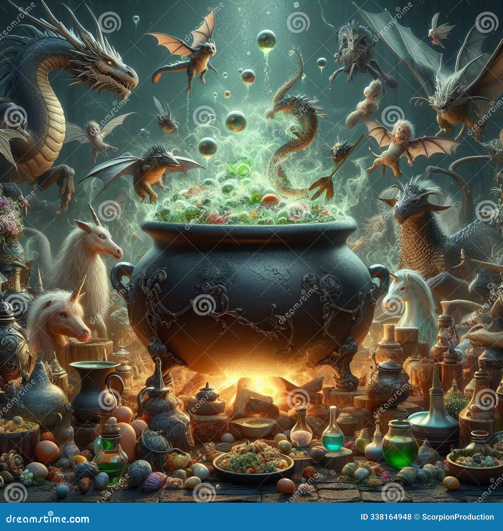 Enchanted Cauldron Surrounded by Mythical Creatures in a Magical Scene ...