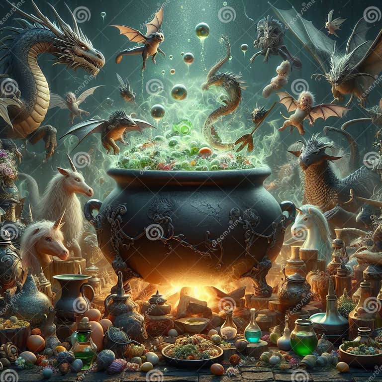 Enchanted Cauldron Surrounded by Mythical Creatures in a Magical Scene ...
