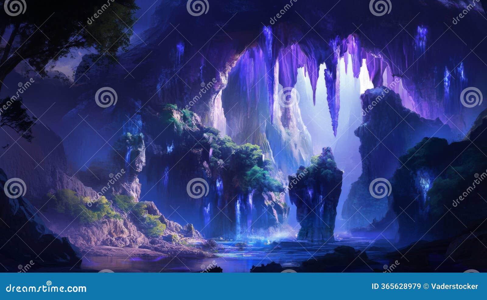 Enchanted Cave With A Waterfall And Glimmering Pond Royalty-Free Stock ...
