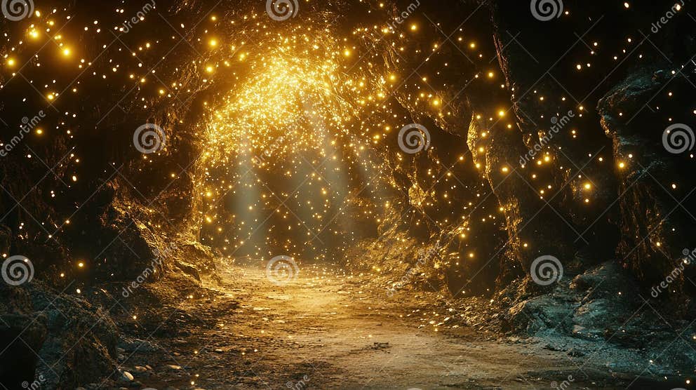 Enchanted Cave Illuminated by Glowing Particles Stock Illustration ...