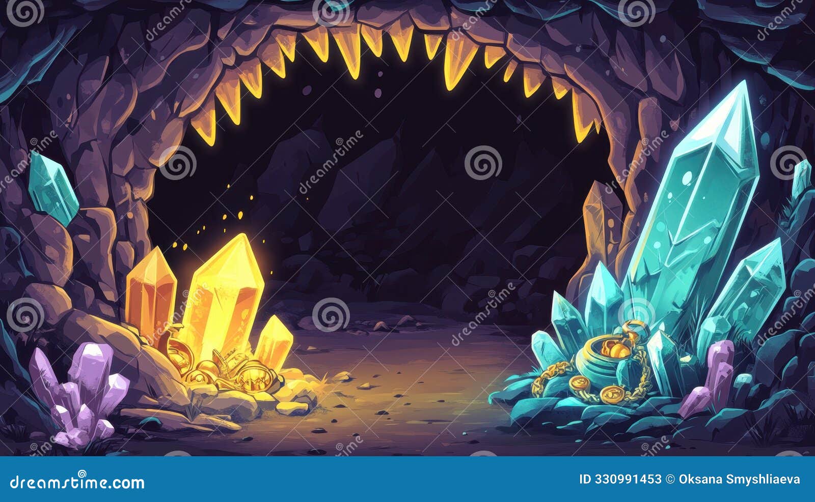 Enchanted Cave Interior with Luminous Crystals and Mysterious Treasure ...