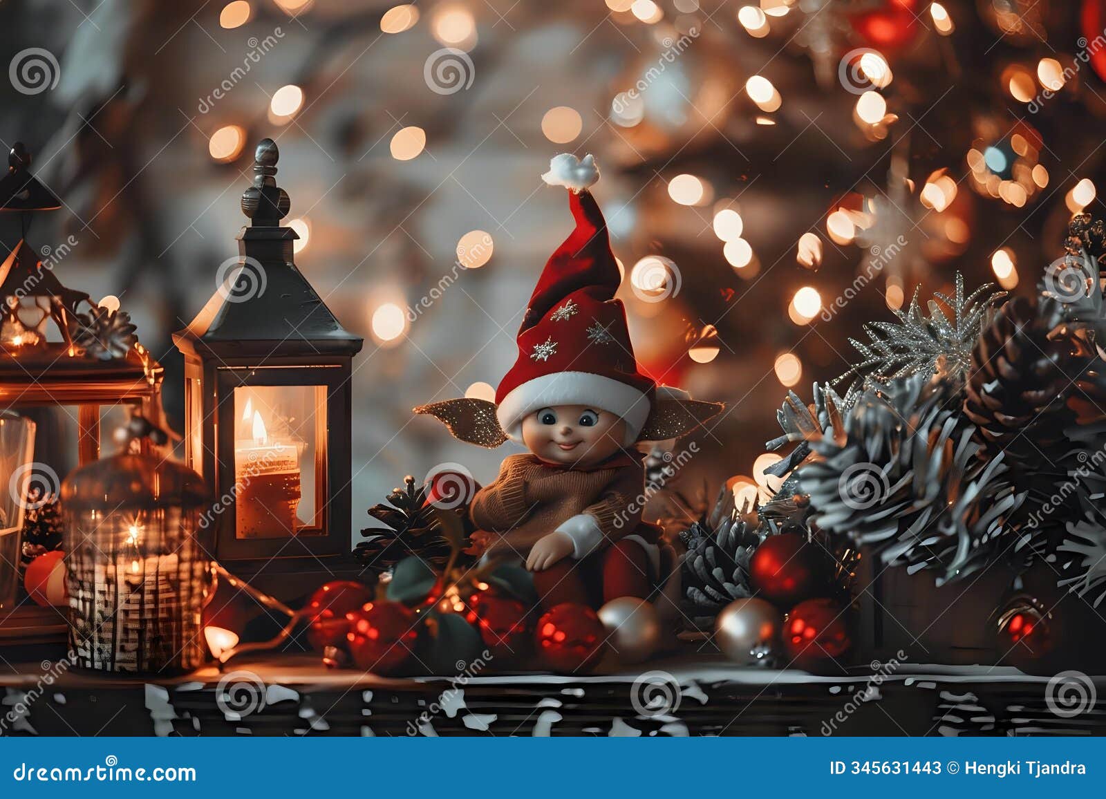 Enchanted Christmas Elf Scene with Candles and Ornaments Stock ...