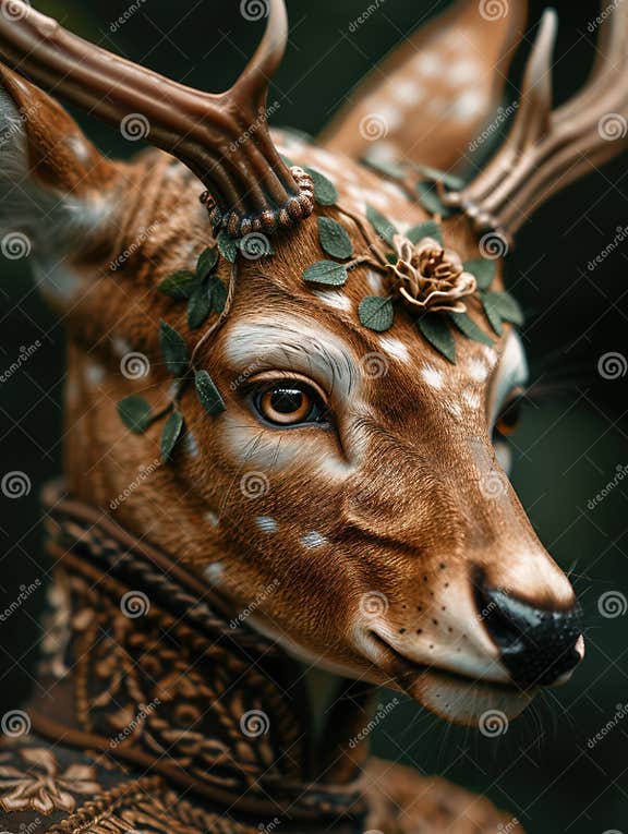 Enchanted Deer with Floral Crown Stock Illustration - Illustration of ...