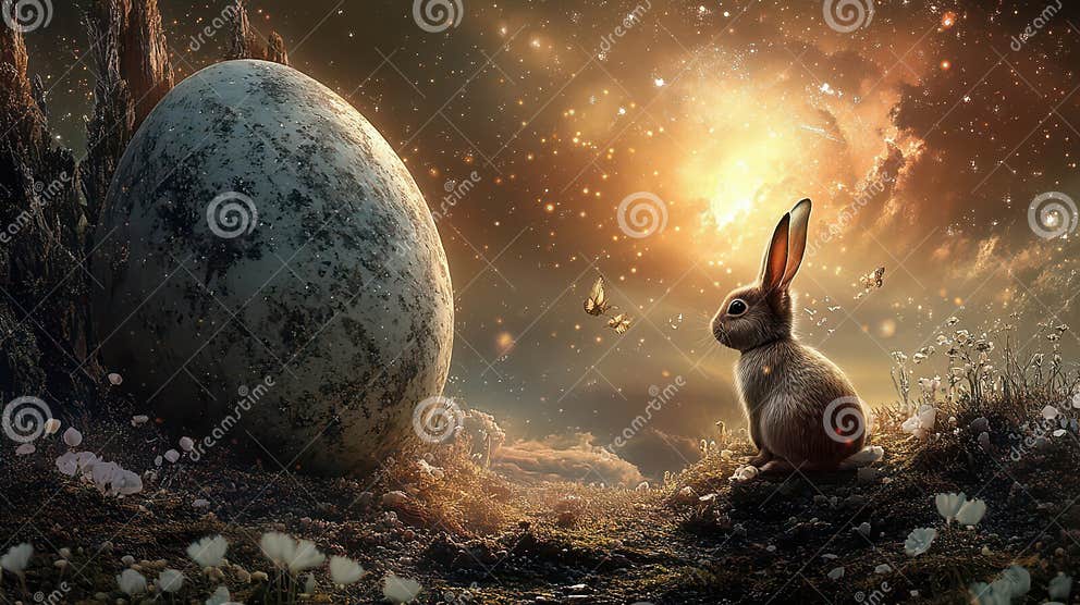 Enchanted Easter Scene with Rabbit and Giant Egg at Sunset Stock Image ...