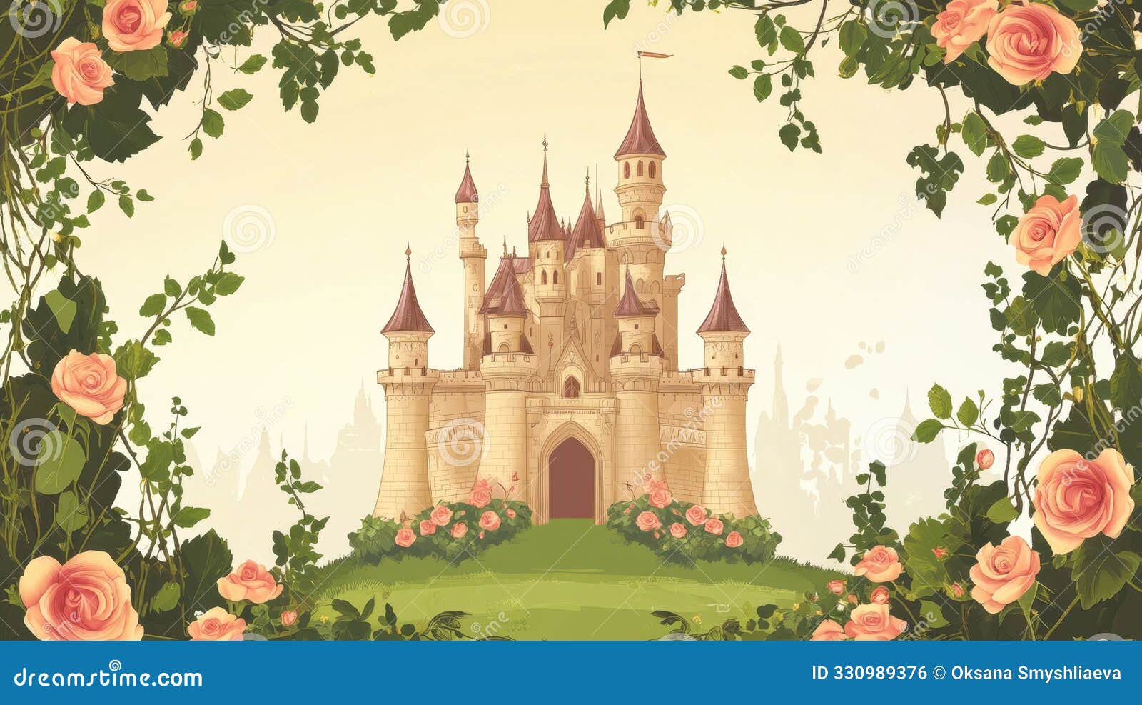 Enchanted Fairytale Castle with Blooming Roses Illustration Stock Photo ...