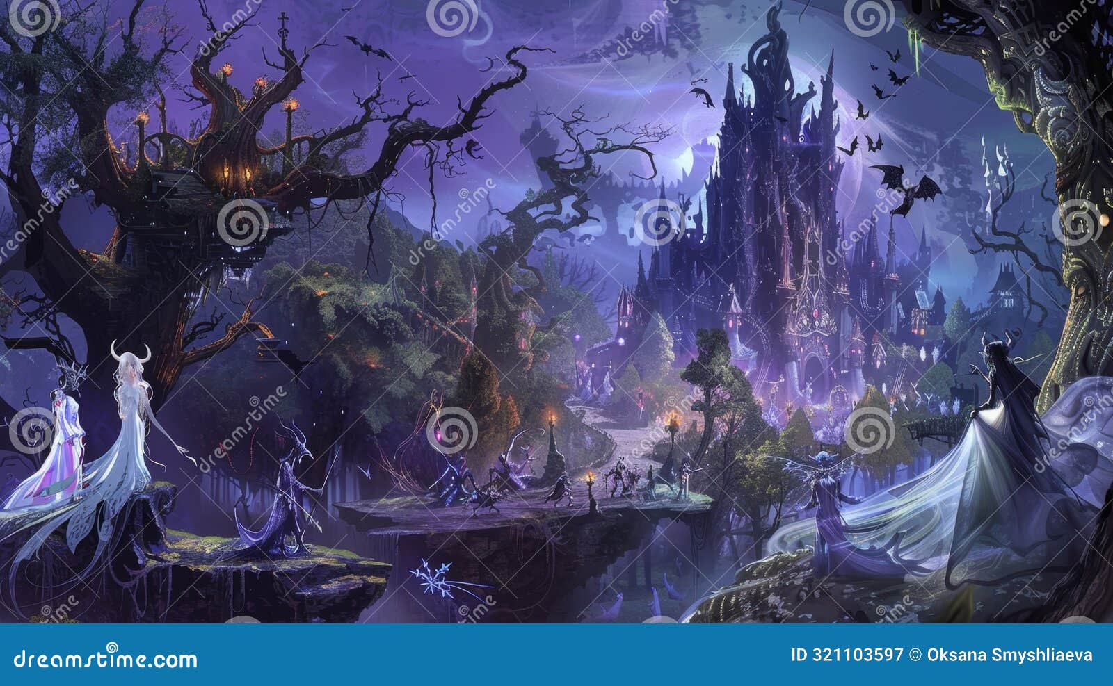 Enchanted Fantasy Forest with Magical Creatures and Elven Castle Stock ...