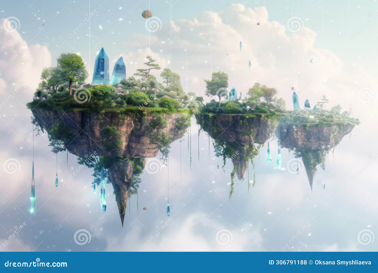 Enchanted Floating Islands with Crystalline Structures. Serene Islands Levitating with Trees and ...