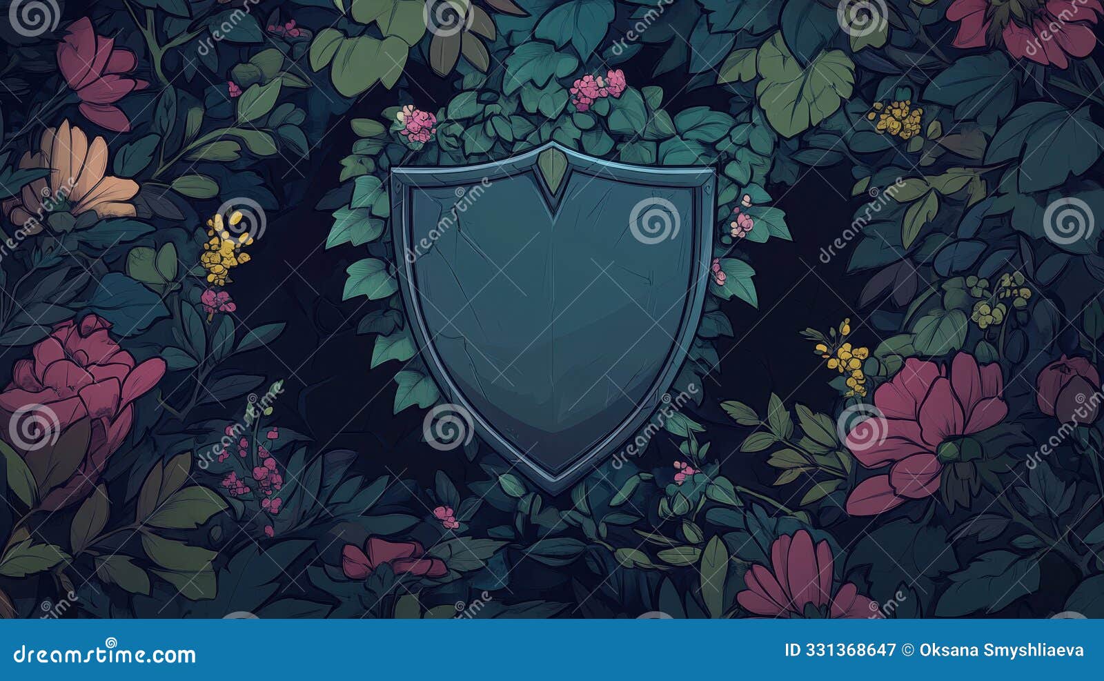 Enchanted Floral Shield Emblem in Twilight Garden Stock Image - Image ...