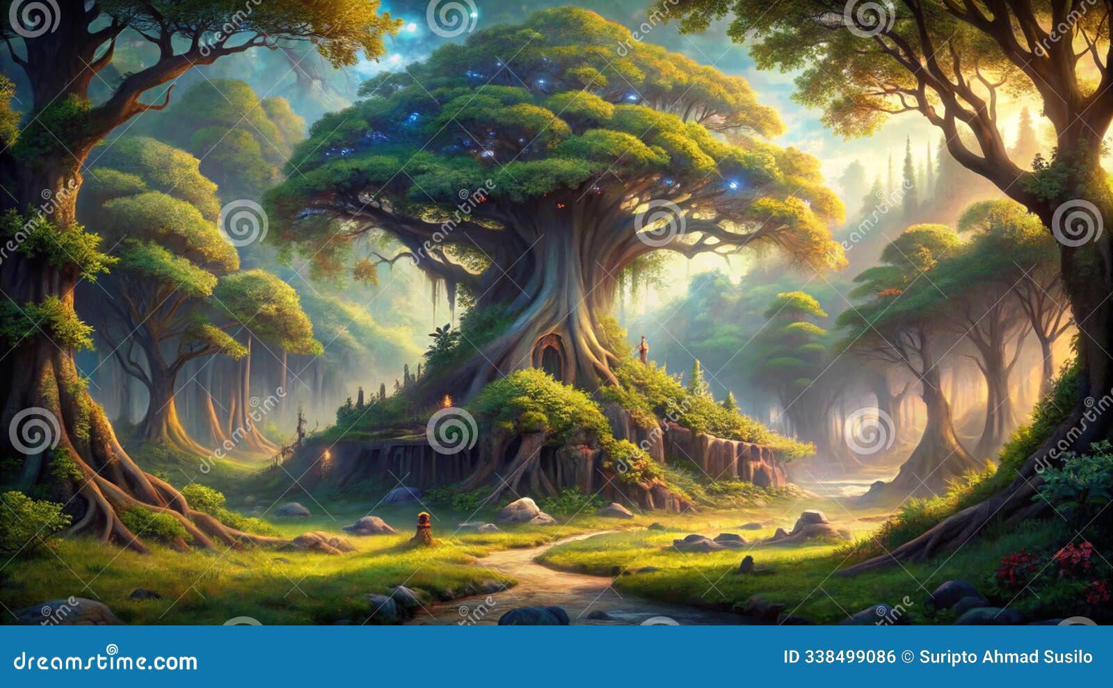 Enchanted Forest with Ancient Tree and Glowing Lights Stock Photo ...