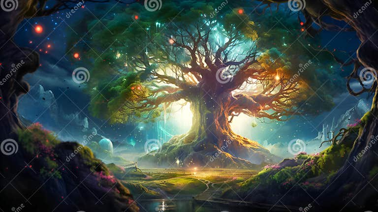 Enchanted Forest with Big Tree Stock Illustration - Illustration of ...