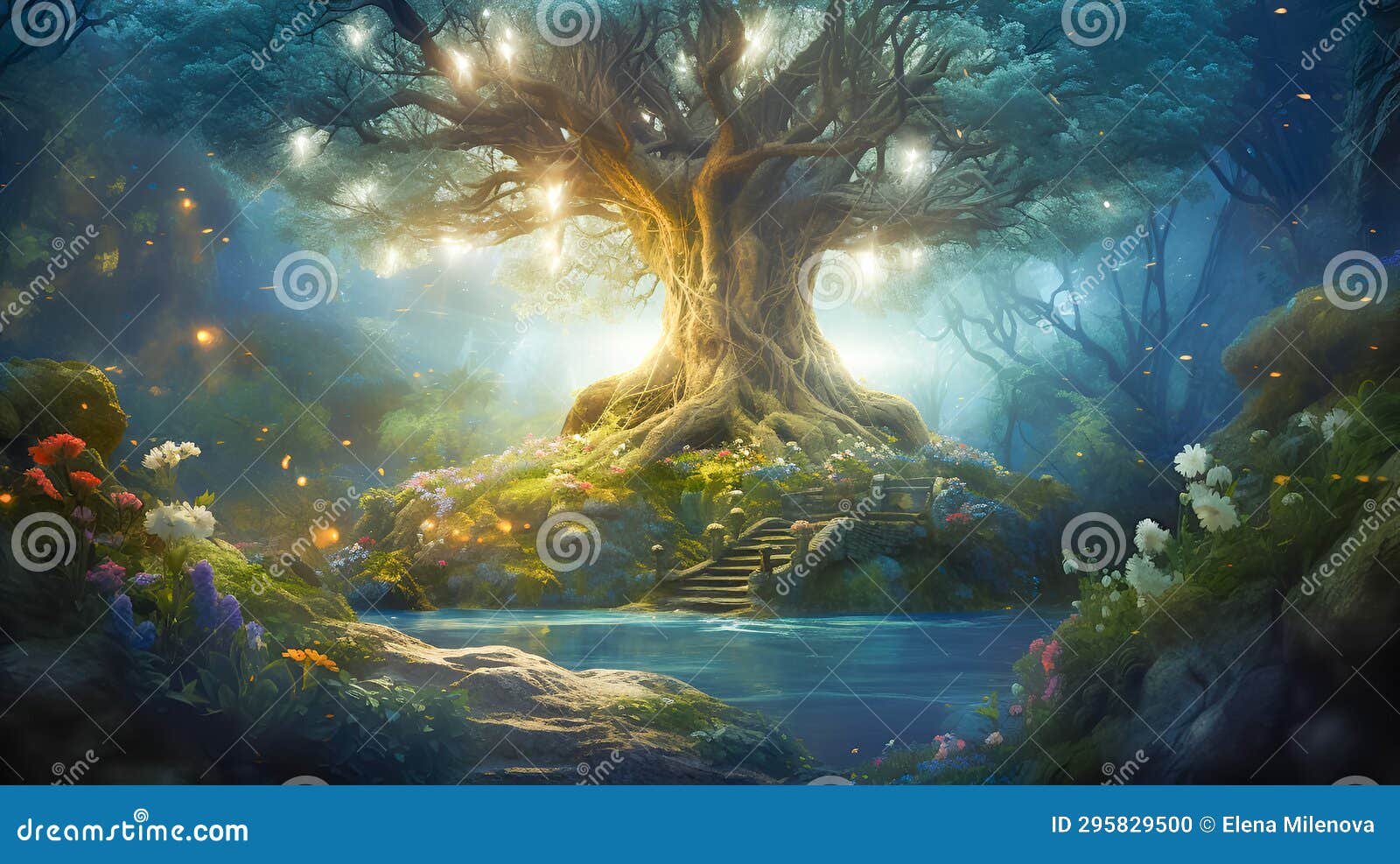 Enchanted Forest with Big Tree Stock Illustration - Illustration of ...