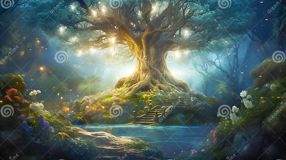 Enchanted Forest with Big Tree Stock Illustration - Illustration of ...