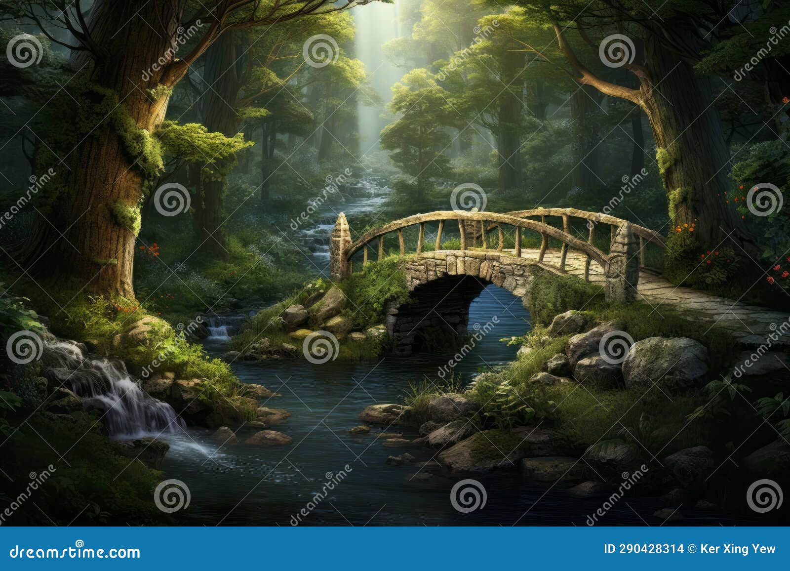 Enchanted Forest with Brook and Bridge Stock Illustration ...