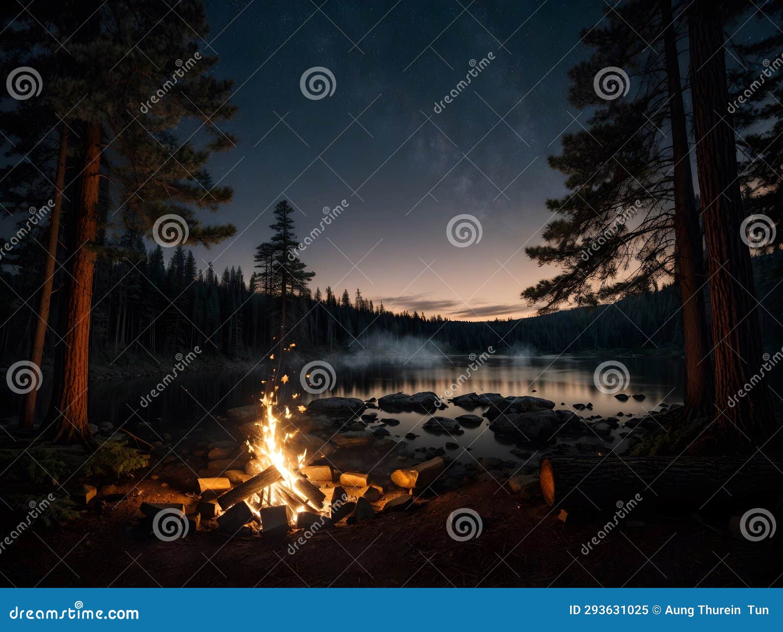 Enchanted Forest Campfire beside a Lake Stock Illustration ...