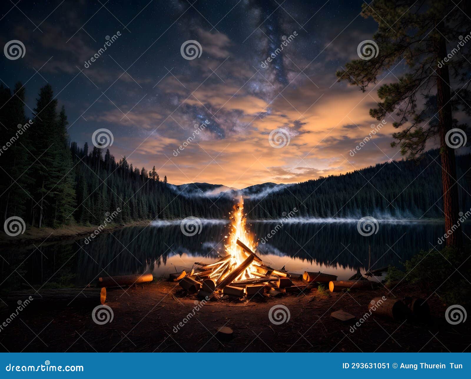 Enchanted Forest Campfire beside a Lake Stock Illustration ...