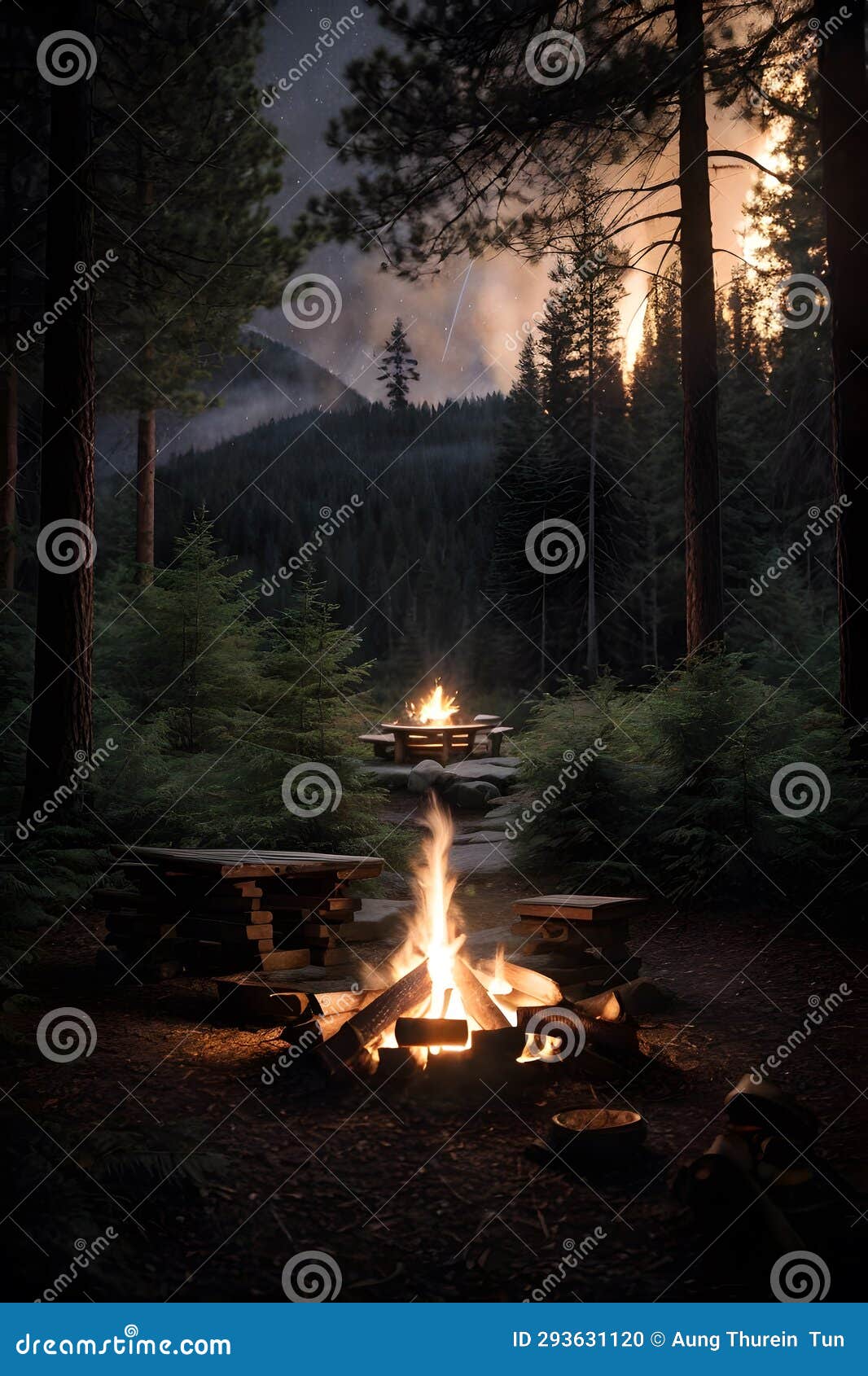 Enchanted forest campfires stock illustration. Illustration of wood ...