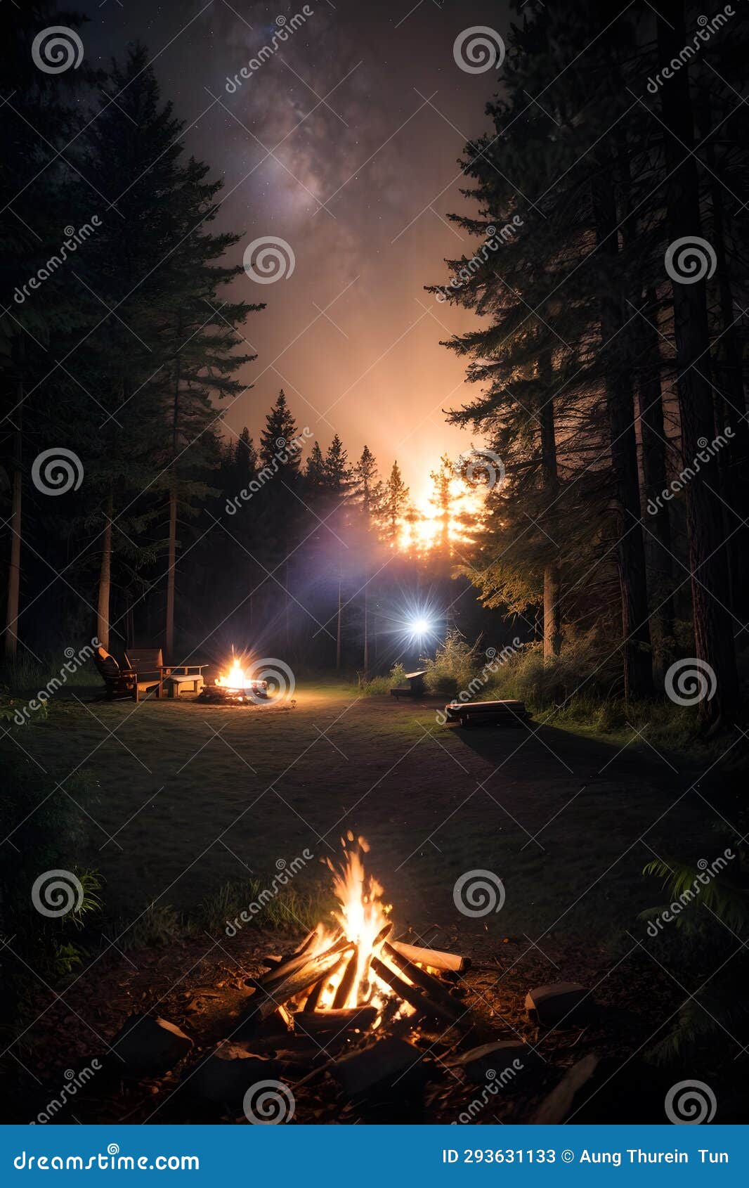 Enchanted Forest Campfire stock illustration. Illustration of stars ...