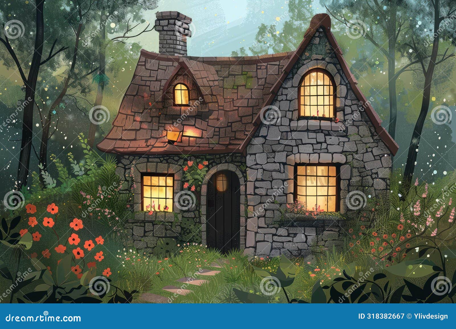 Enchanted Forest Cottage at Twilight Stock Illustration - Illustration ...
