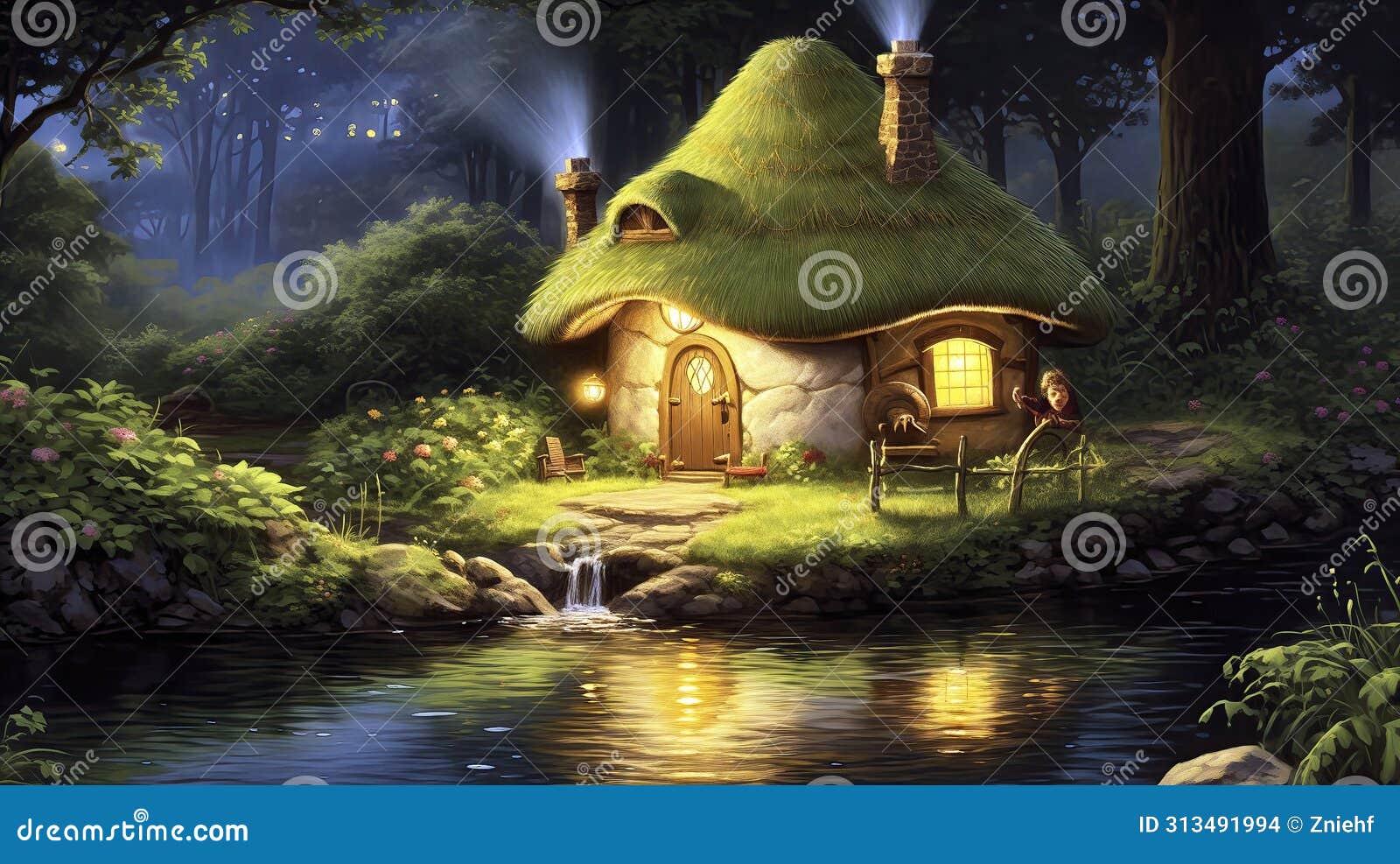 Enchanted Forest Cottage by Twilight Stock Photo - Image of charming ...