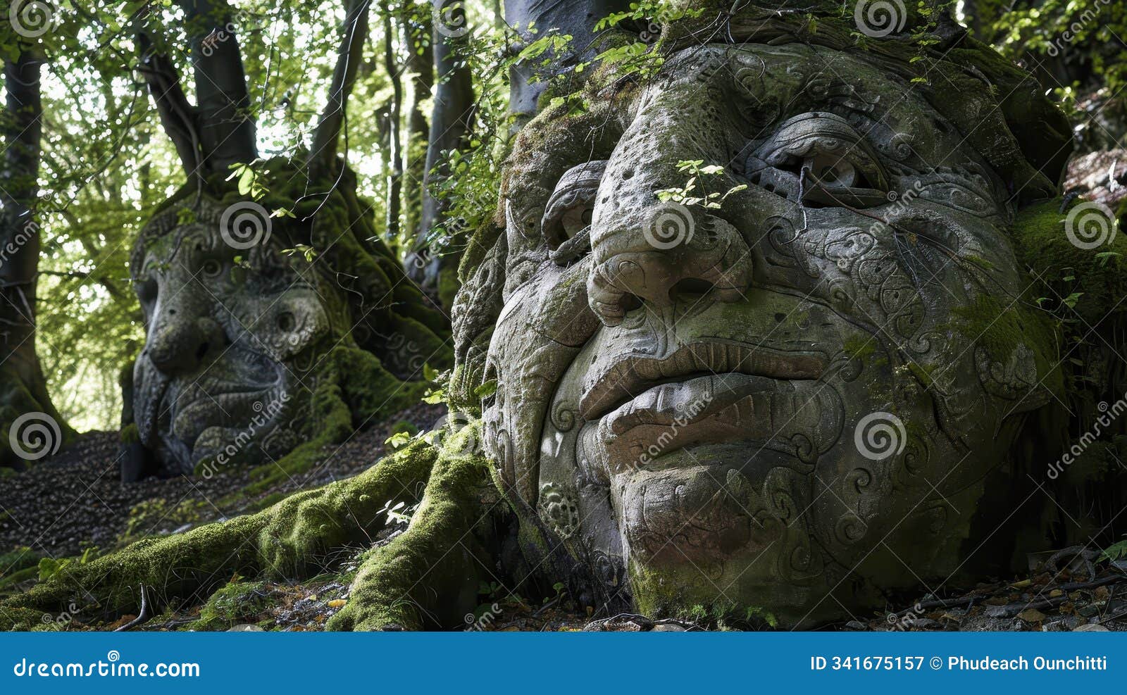 Enchanted Forest with Faces on Ancient Trees Stock Illustration ...