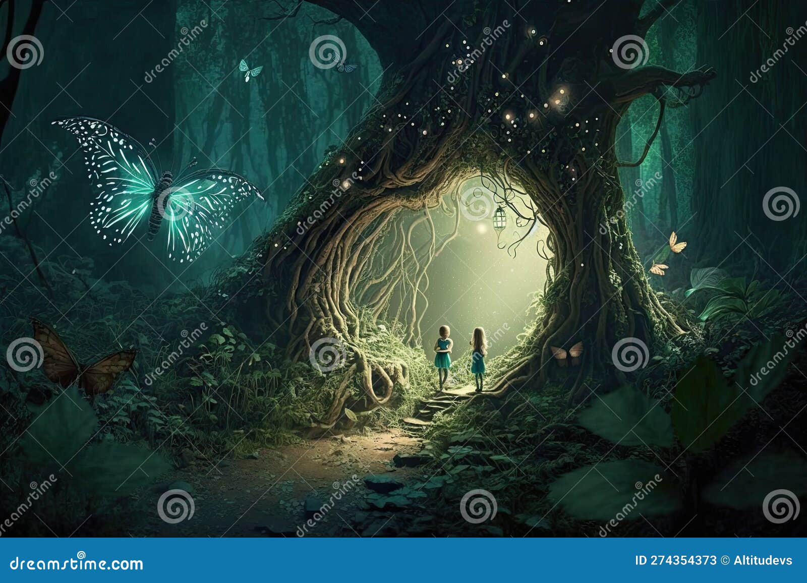 Enchanted Forest with Fairies, Elves and Other Magical Creatures Stock ...