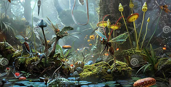 Enchanted Forest with Fantasy Creatures Stock Illustration ...