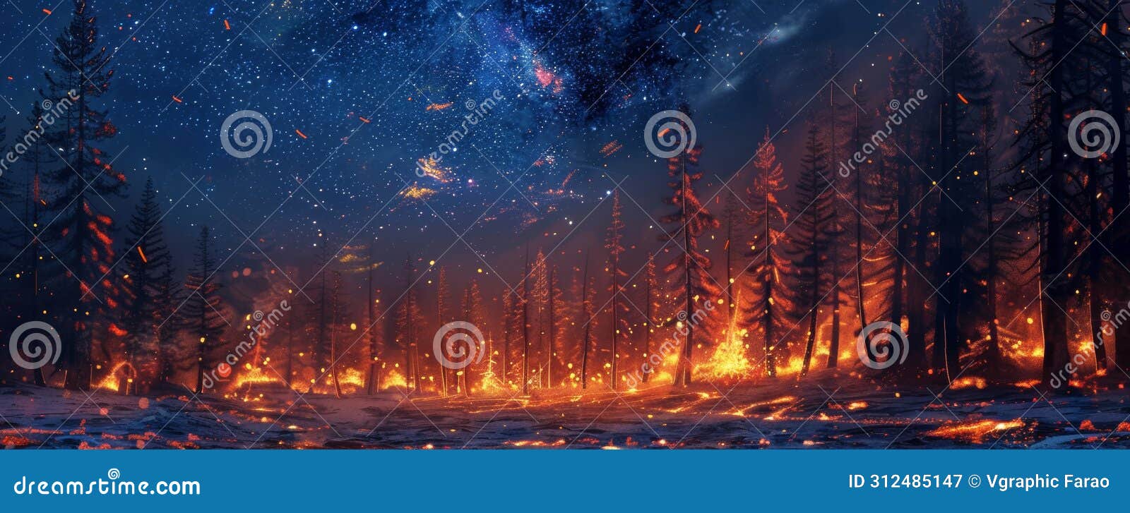 Enchanted Forest on Fire Under Starry Night Sky Stock Image - Image of ...
