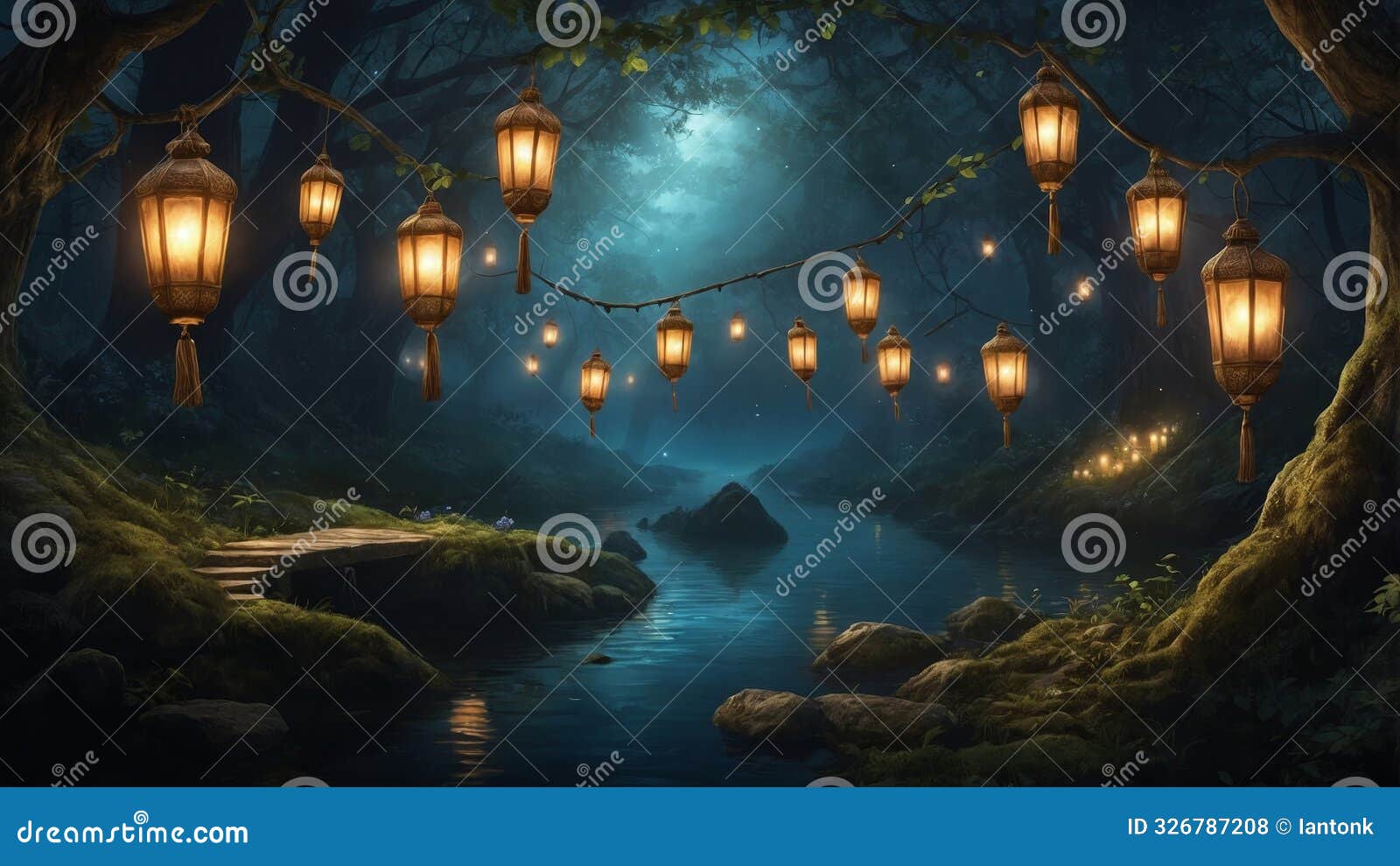 Enchanted Forest with Floating Lanterns at Night Stock Illustration ...