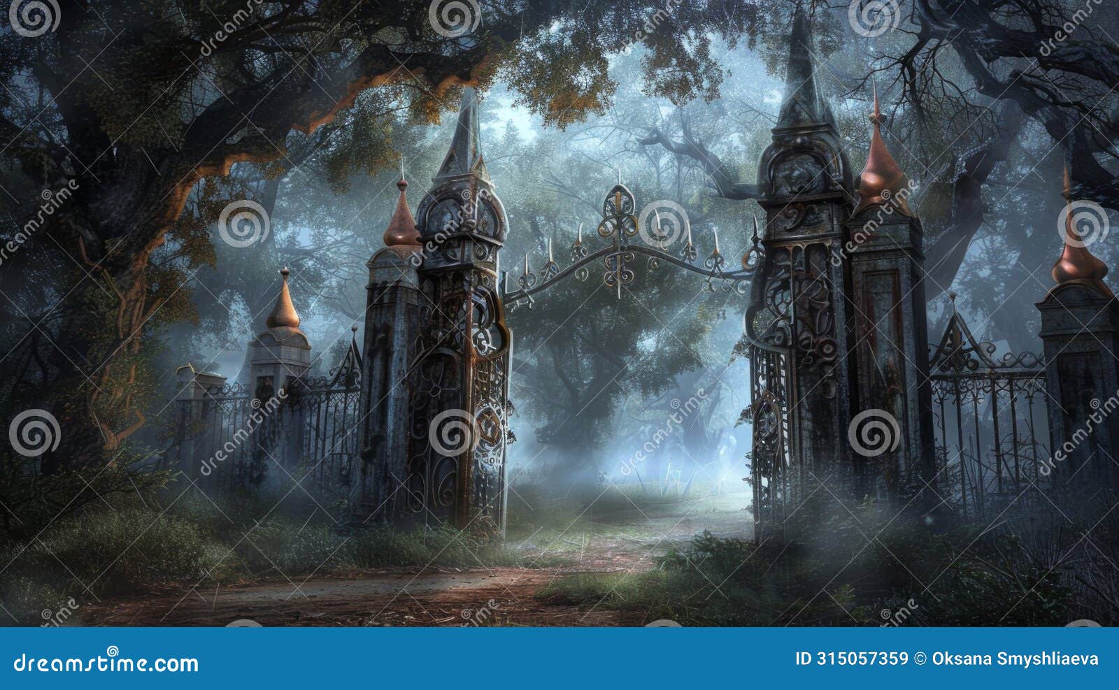 Enchanted Forest Gate in Misty Twilight Stock Image - Image of mystical ...