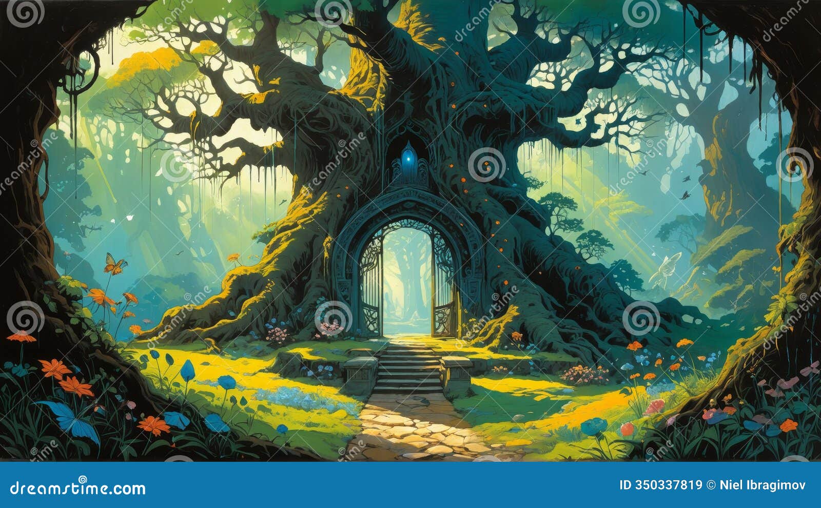 Enchanted Forest Gateway with Ancient Tree and Magical Archway at Dawn ...