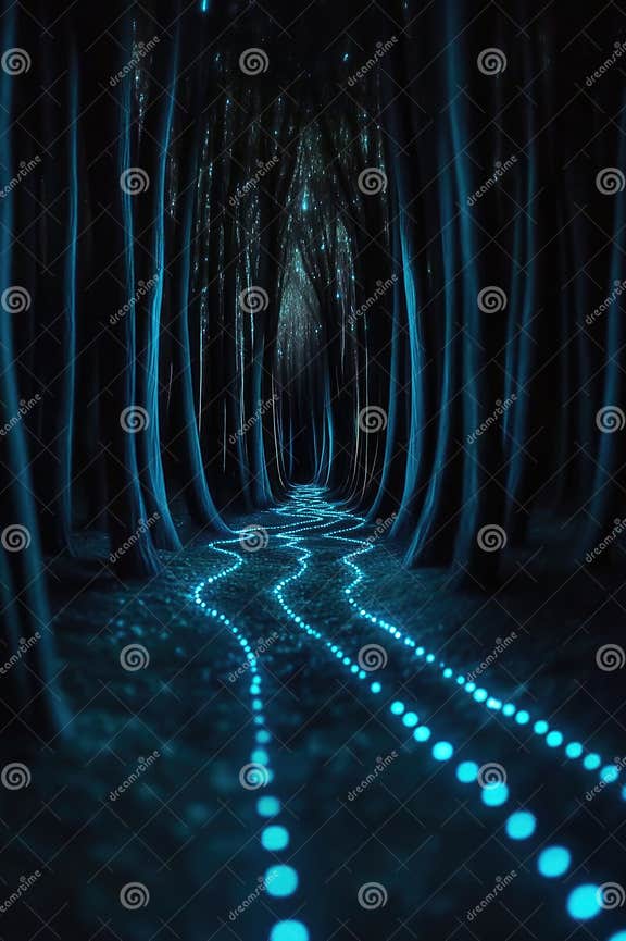 Enchanted Forest with Glowing Blue Path Under Starry Night Sky Stock ...