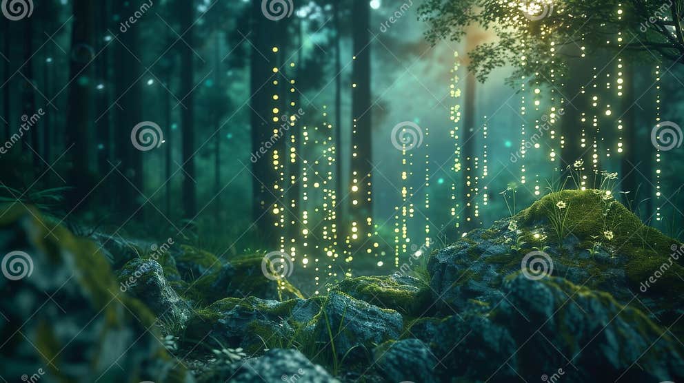 Enchanted Forest with Glowing Light Particles and Mossy Rocks Stock ...