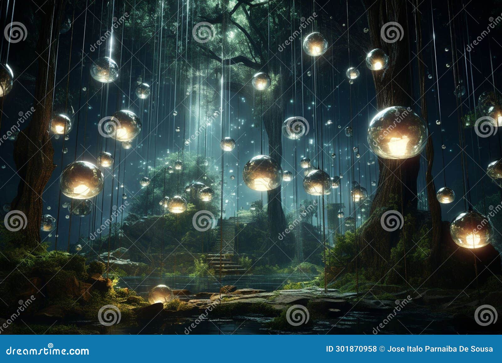 Enchanted Forest with Glowing Memory Spheres an Stock Illustration ...