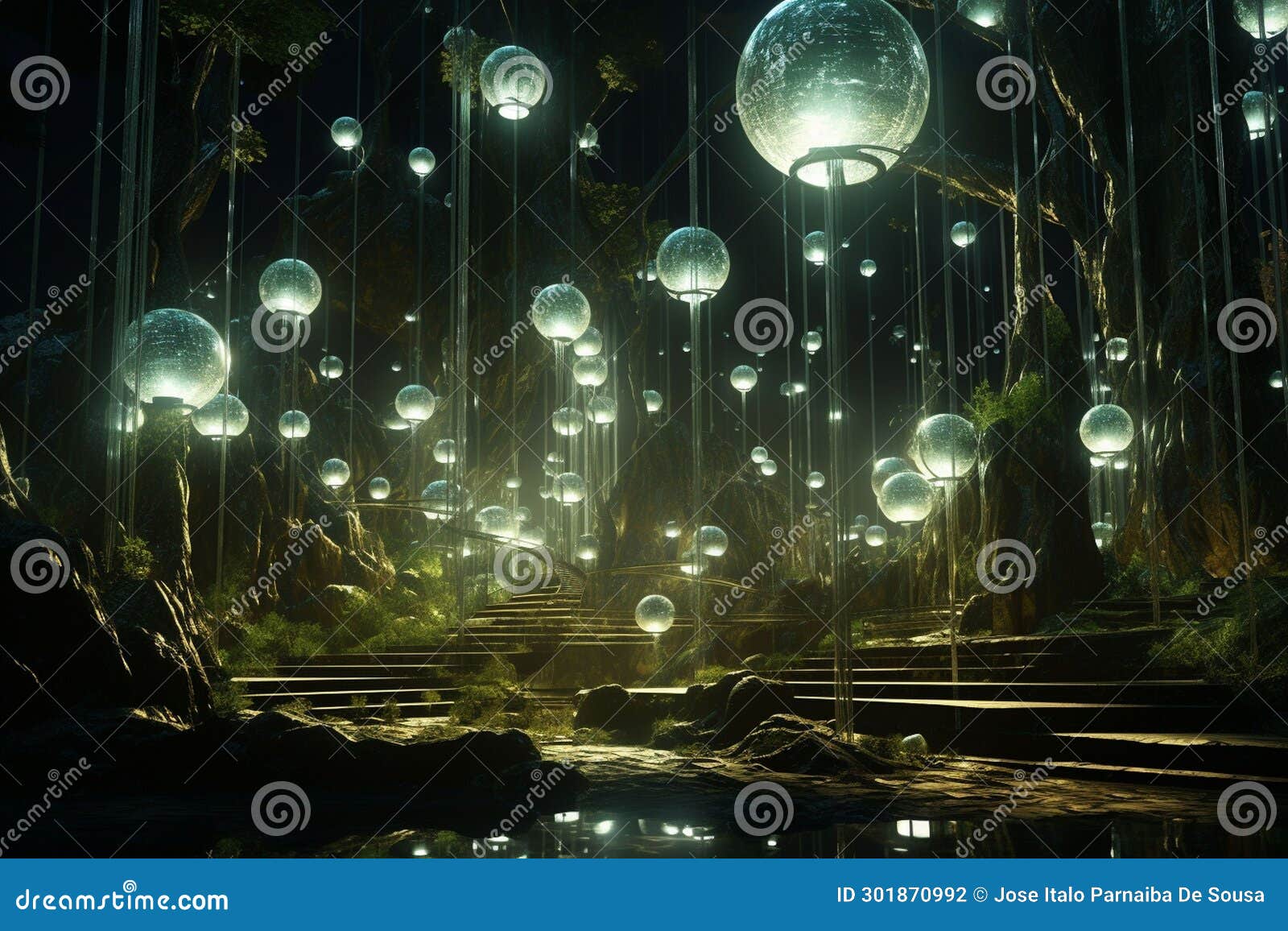 Enchanted Forest with Glowing Memory Spheres an Stock Illustration ...