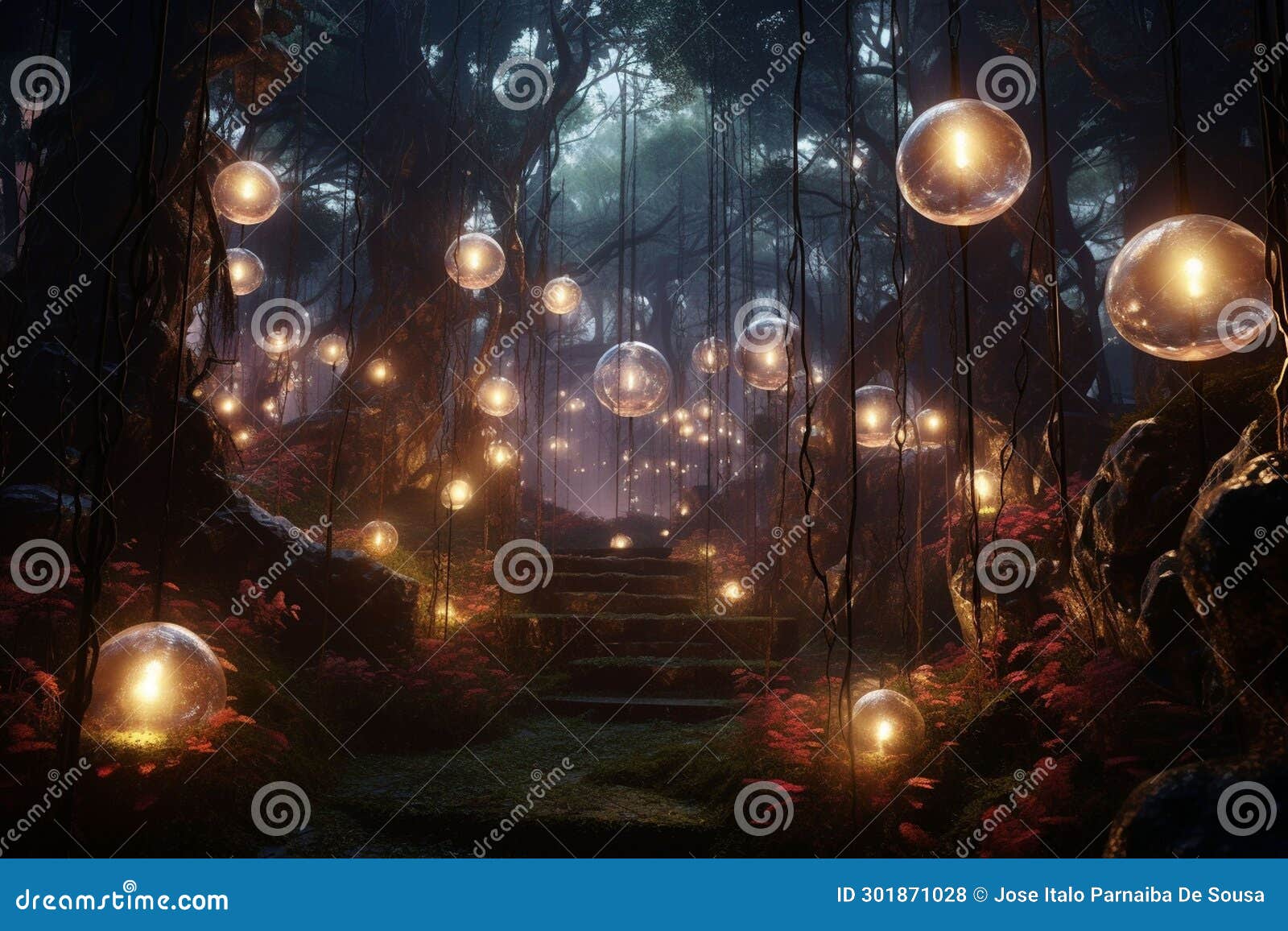 Enchanted Forest with Glowing Memory Spheres an Stock Illustration ...