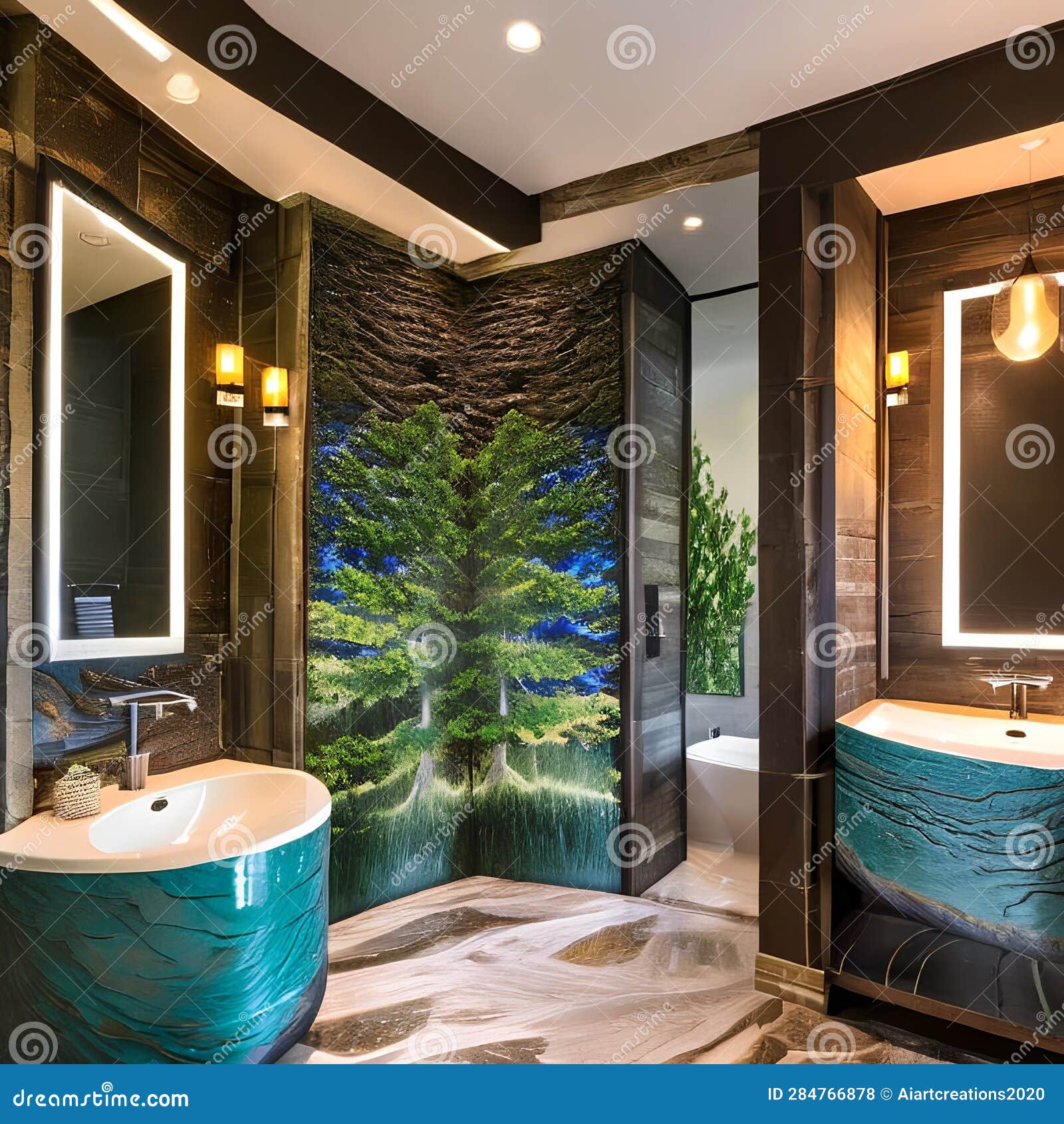 An Enchanted Forest-inspired Bathroom with Tree Trunk Sinks, Leafy ...