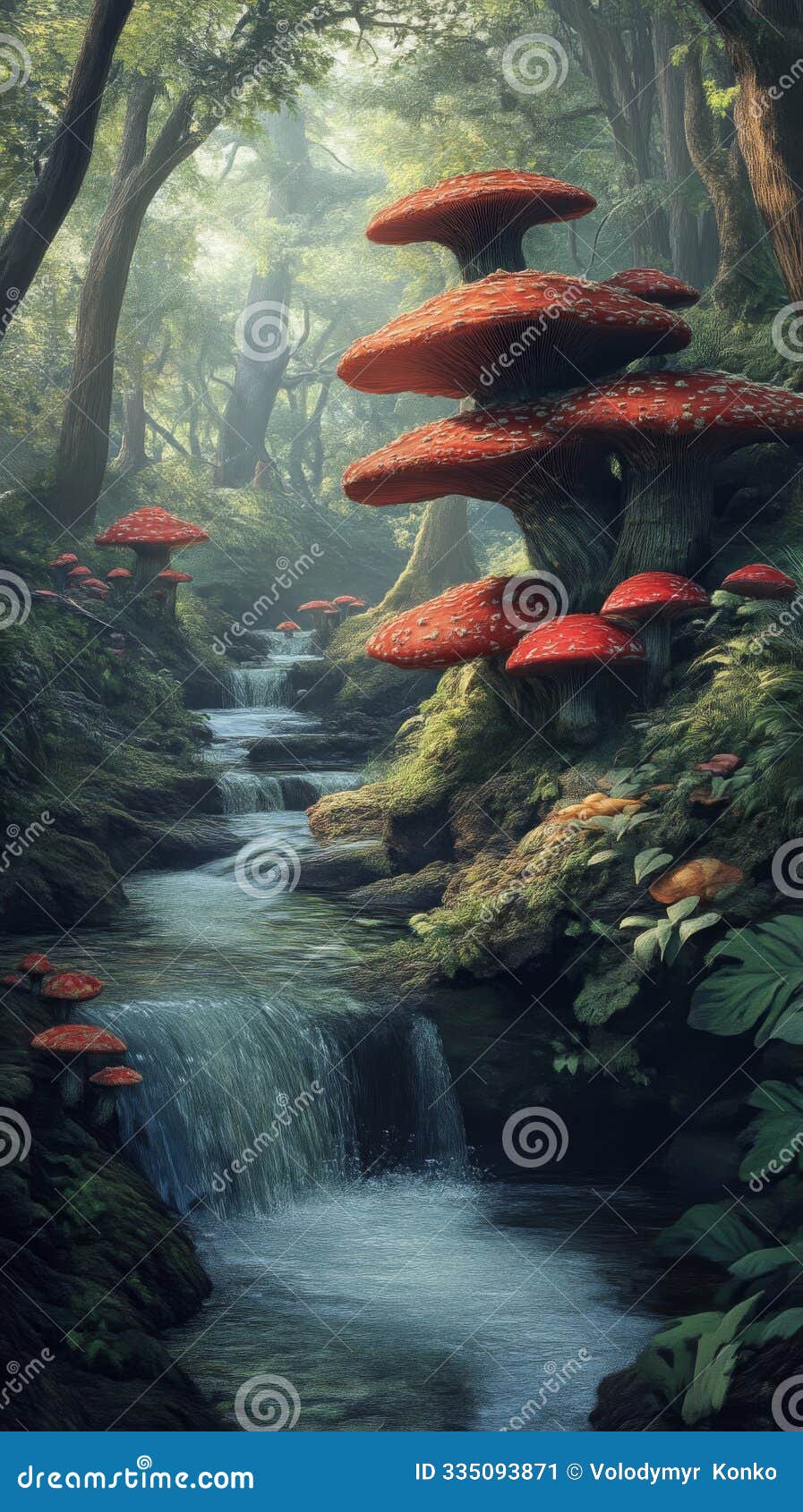 Enchanted Forest with Large Red Mushrooms and Stream Stock Image ...