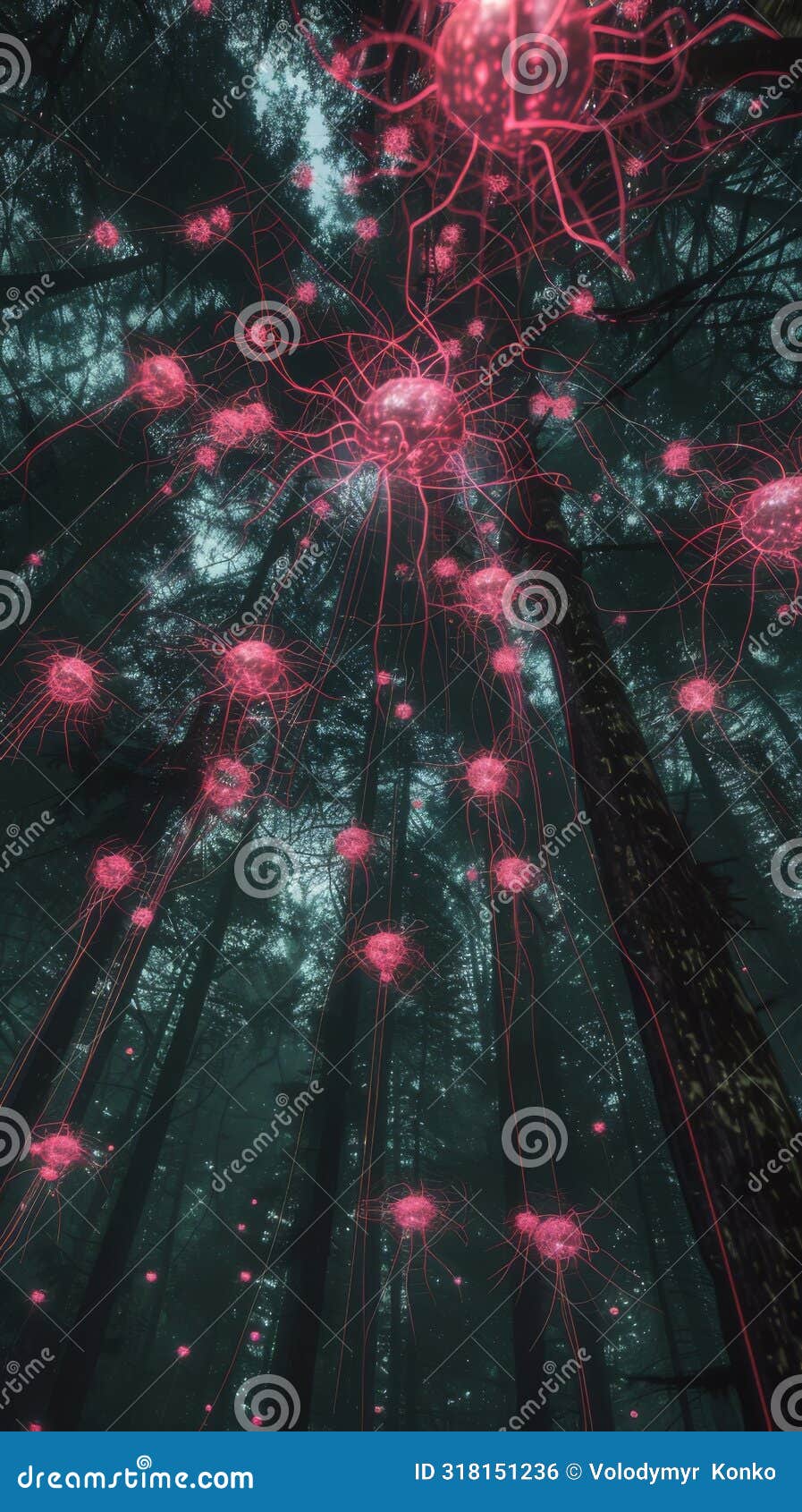 Enchanted Forest with Luminous Pink Neural Network-like Formations ...