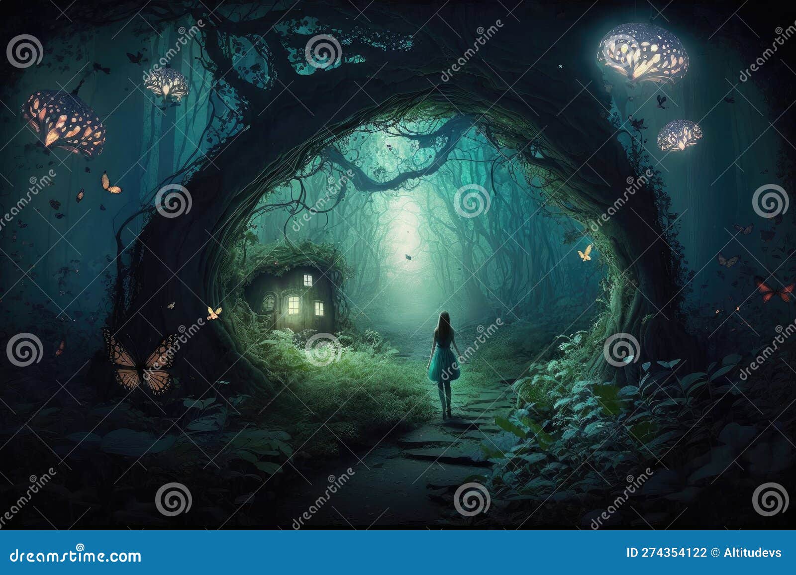Enchanted Forest, with Magic and Fairies in the Air Stock Illustration ...