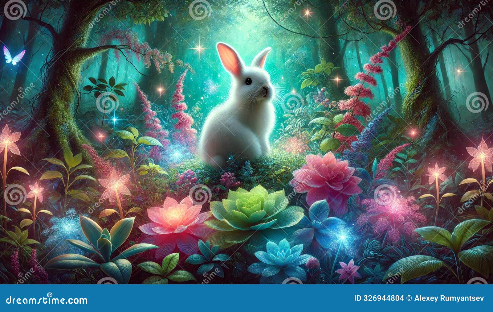 Magical Enchanted Forest with Rabbit Stock Illustration - Illustration ...