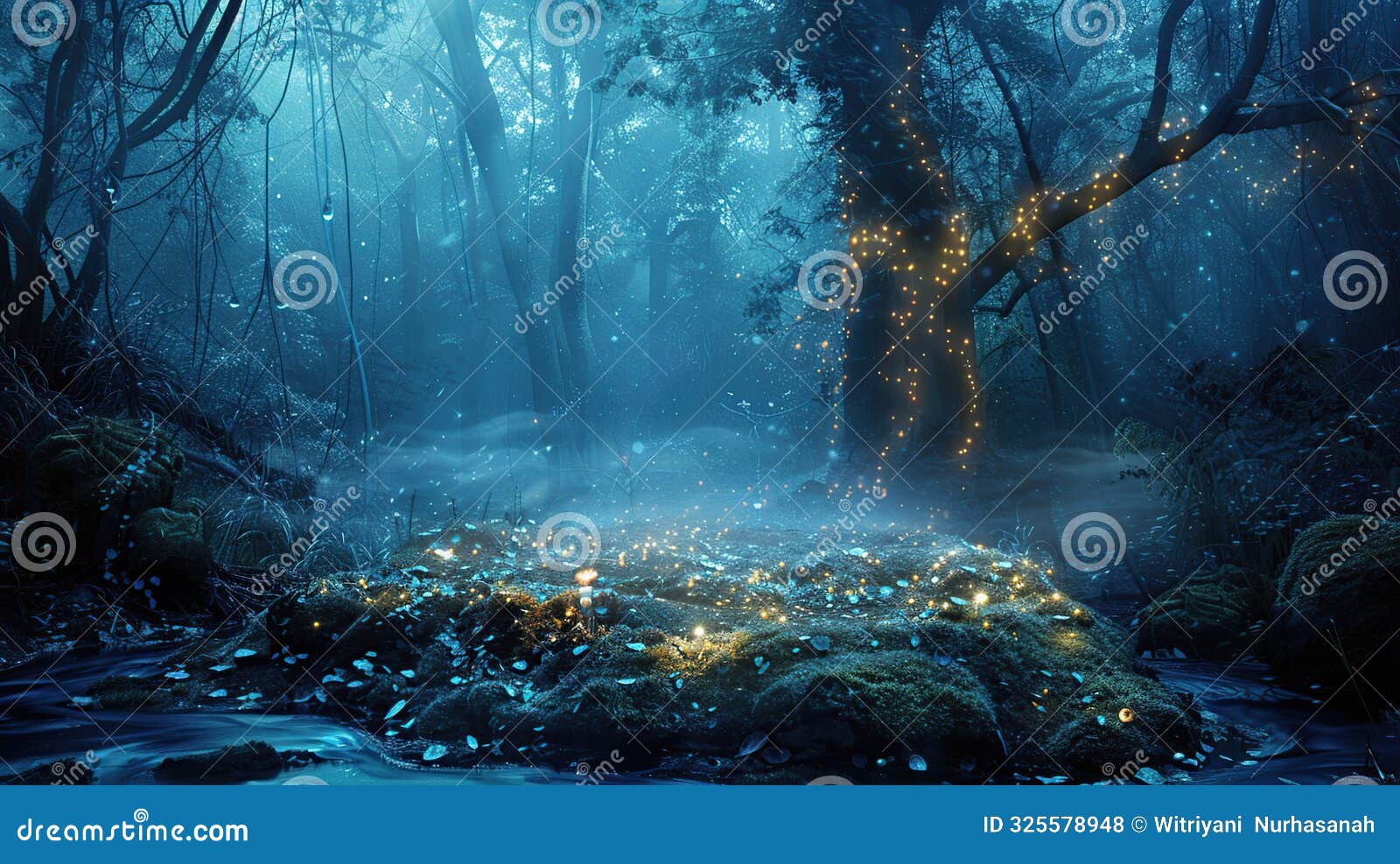 Enchanted Forest at Night stock illustration. Illustration of serenity ...