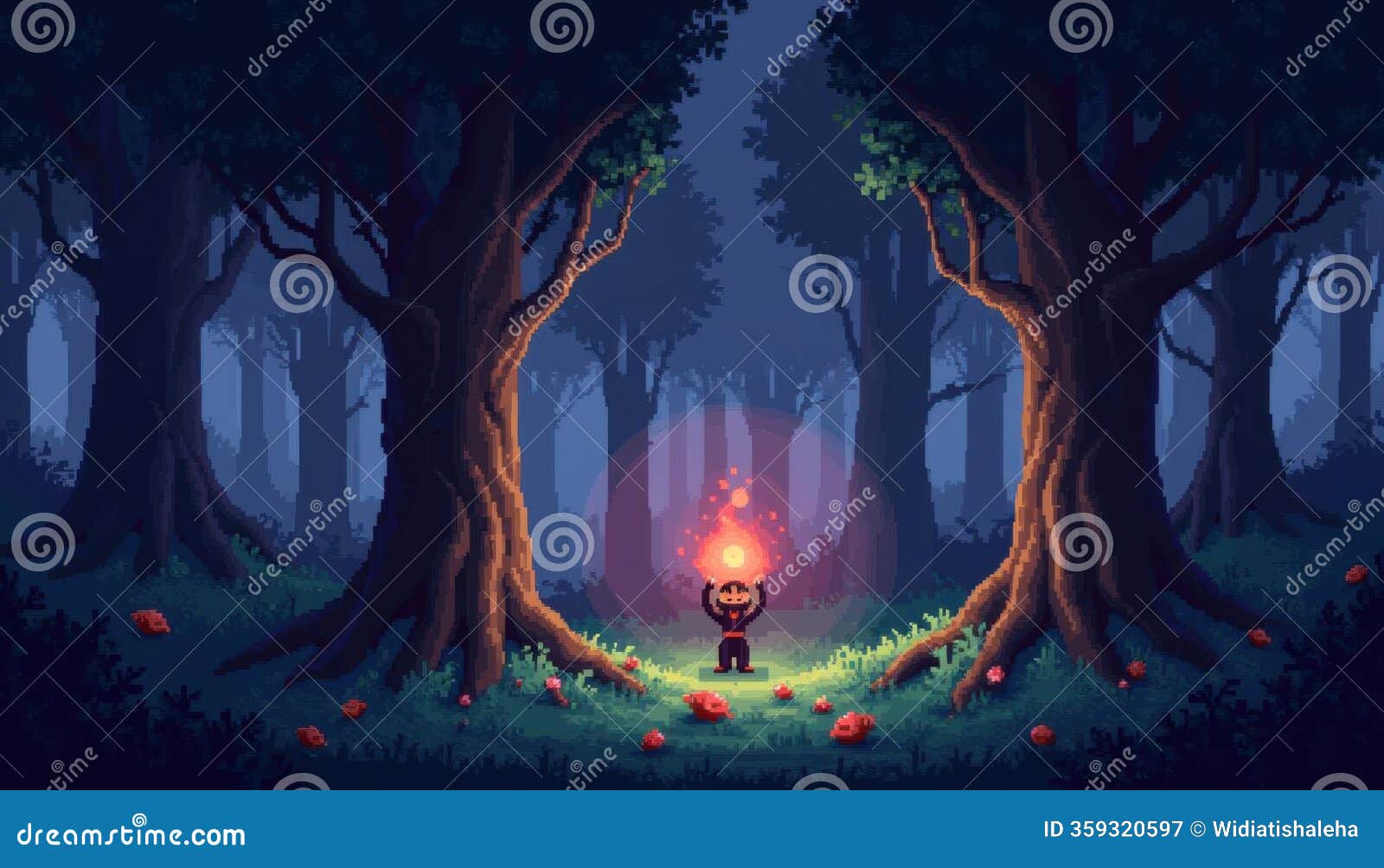 Pixel Art Enchanted Forest Green Screen Background With Wooden Sign And Deer Stock Image ...