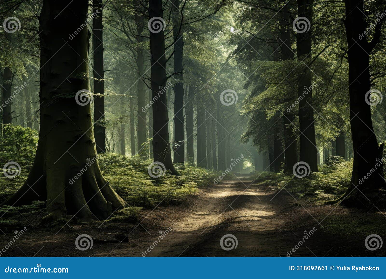 Enchanted Forest Path at Dawn Stock Image - Image of morning, mist ...